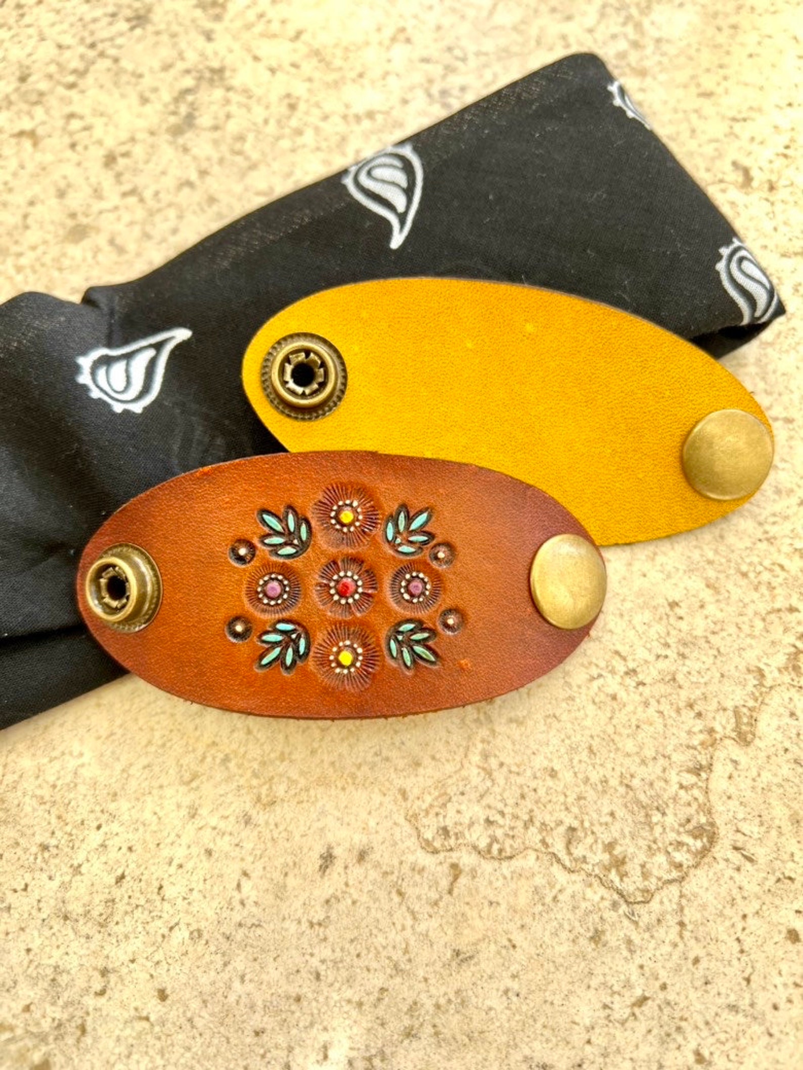 Hand Painted Retro Floral Stamped Leather Bandana Slide With Snaps Hand ...