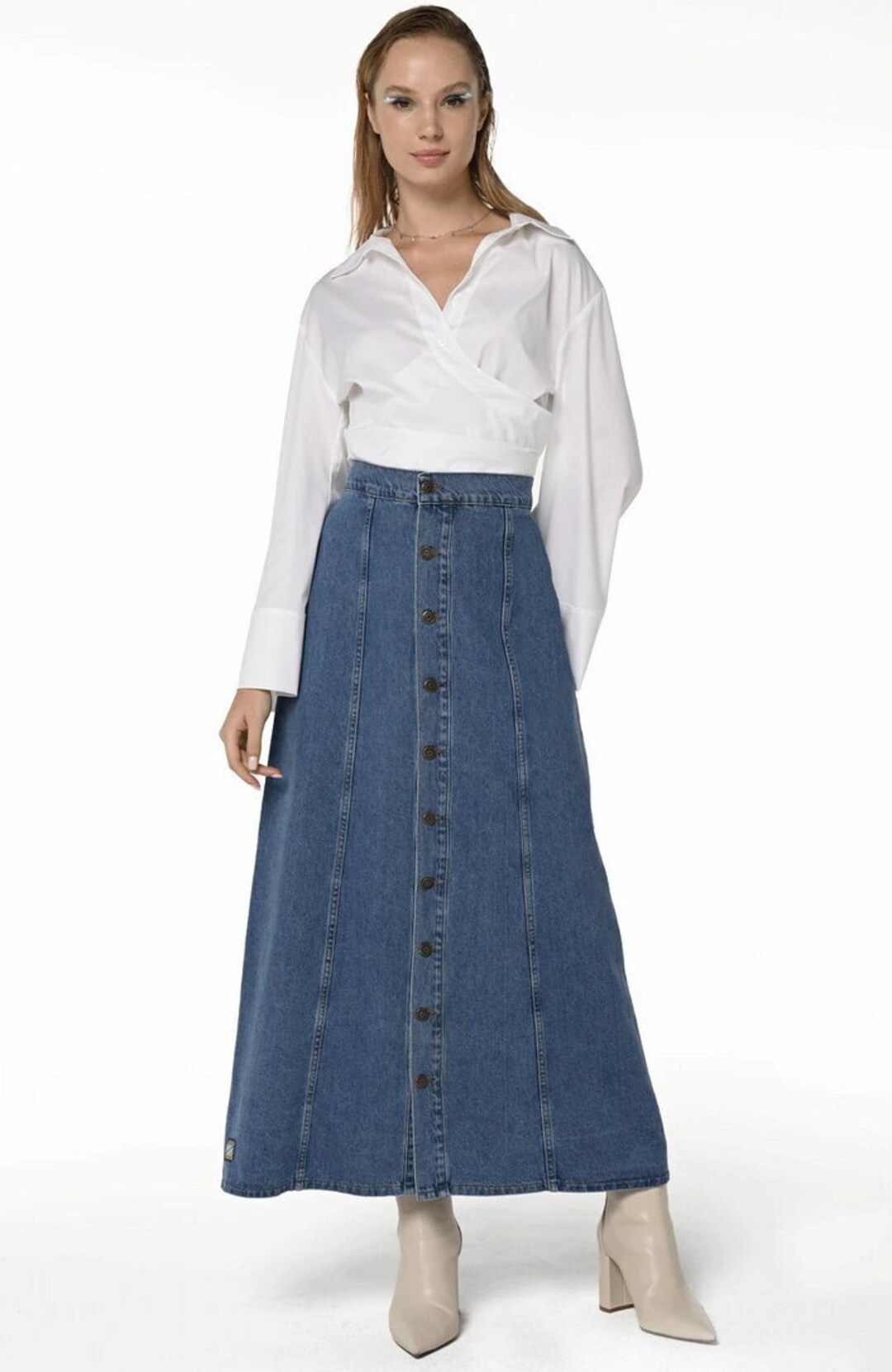 Button Front Medium Wash Denim Maxi Skirt A Line Long Full Length ...