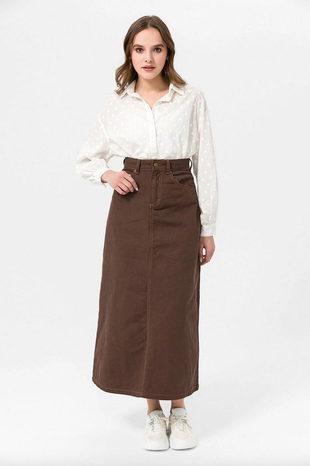 Campine Dark Brown Denim Maxi Skirt, Long Full Length Modest Skirt With ...