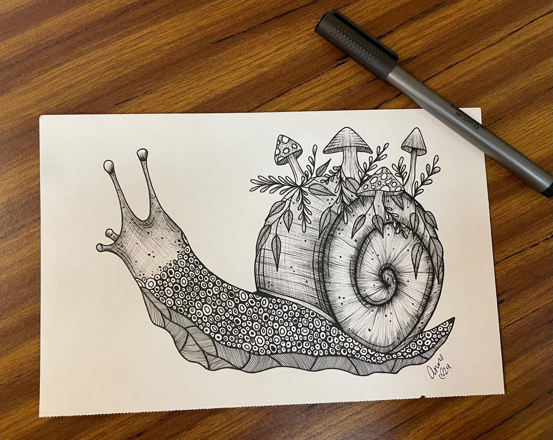 Hand Drawn Ink Snail With Flowers and Sketchy Designs Daily Drawing 09. ...