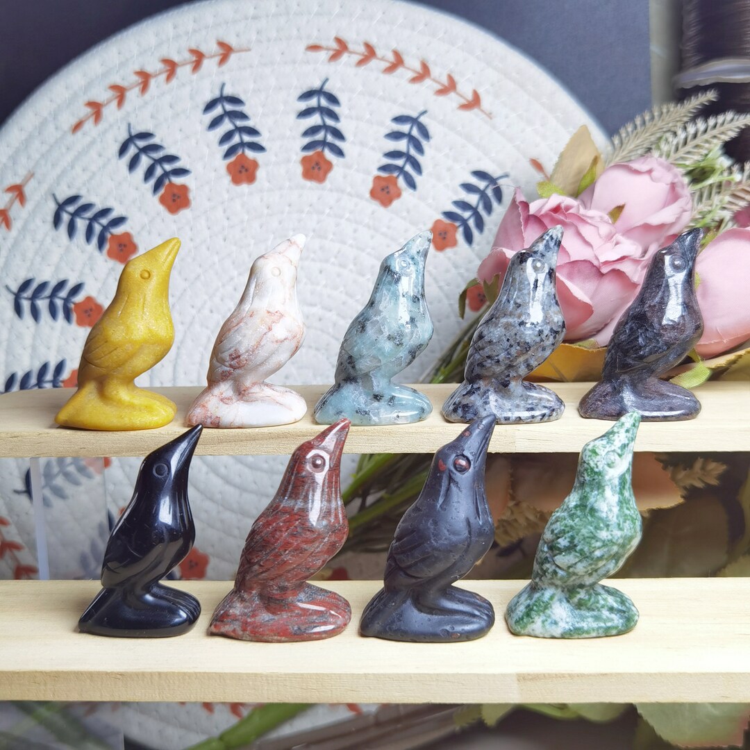 2 Natural Gemstone Birds Statue Hand Carved Crystal Raven Figurine,crow ...