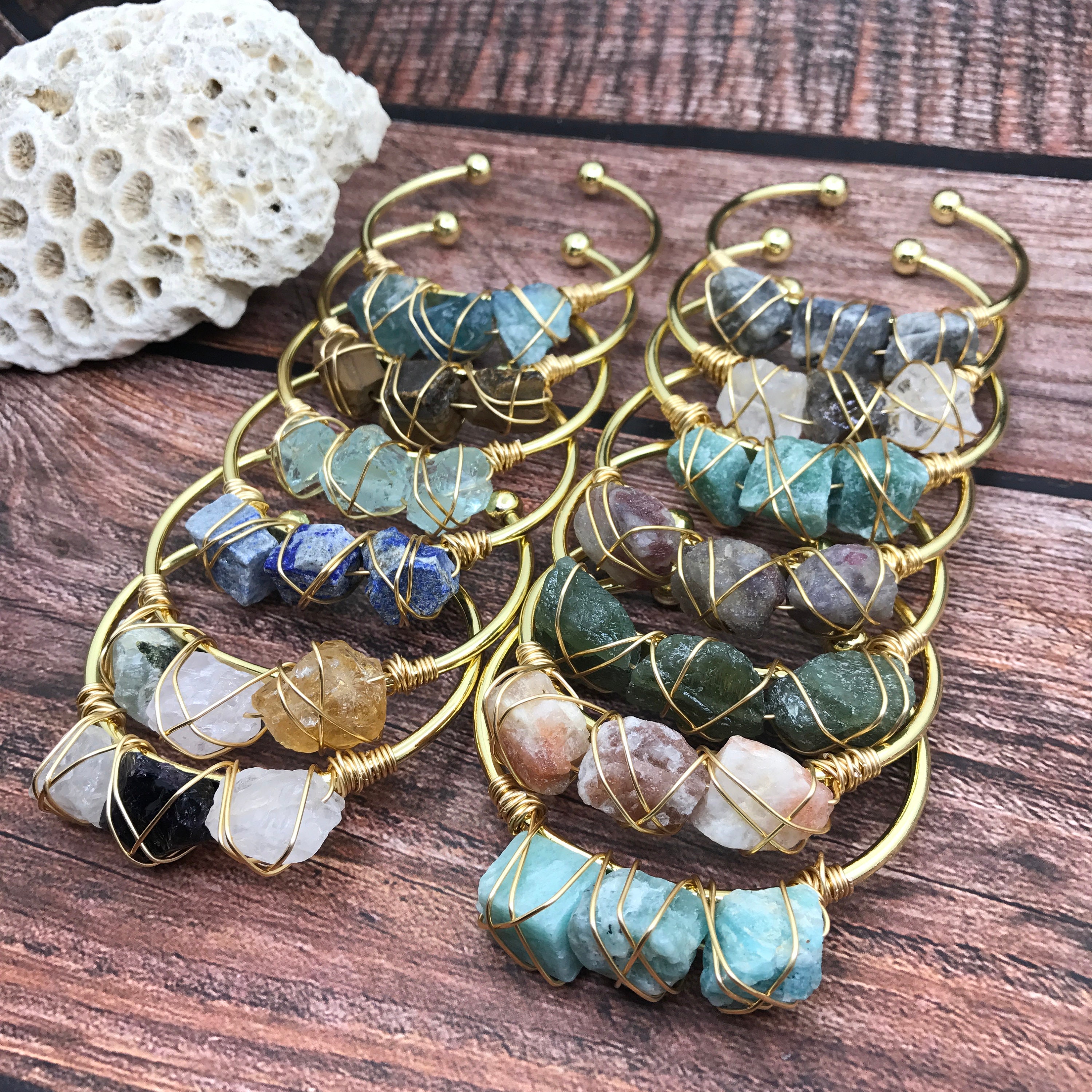 GOLD BanglesRough Stones Cuff BraceletsRaw Quartz Nugget | Etsy