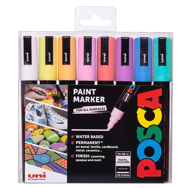 Uni Posca PC-5M Pastel Colours 8 Pack Ink Marker 1.8-2.5mm Multi-use ...