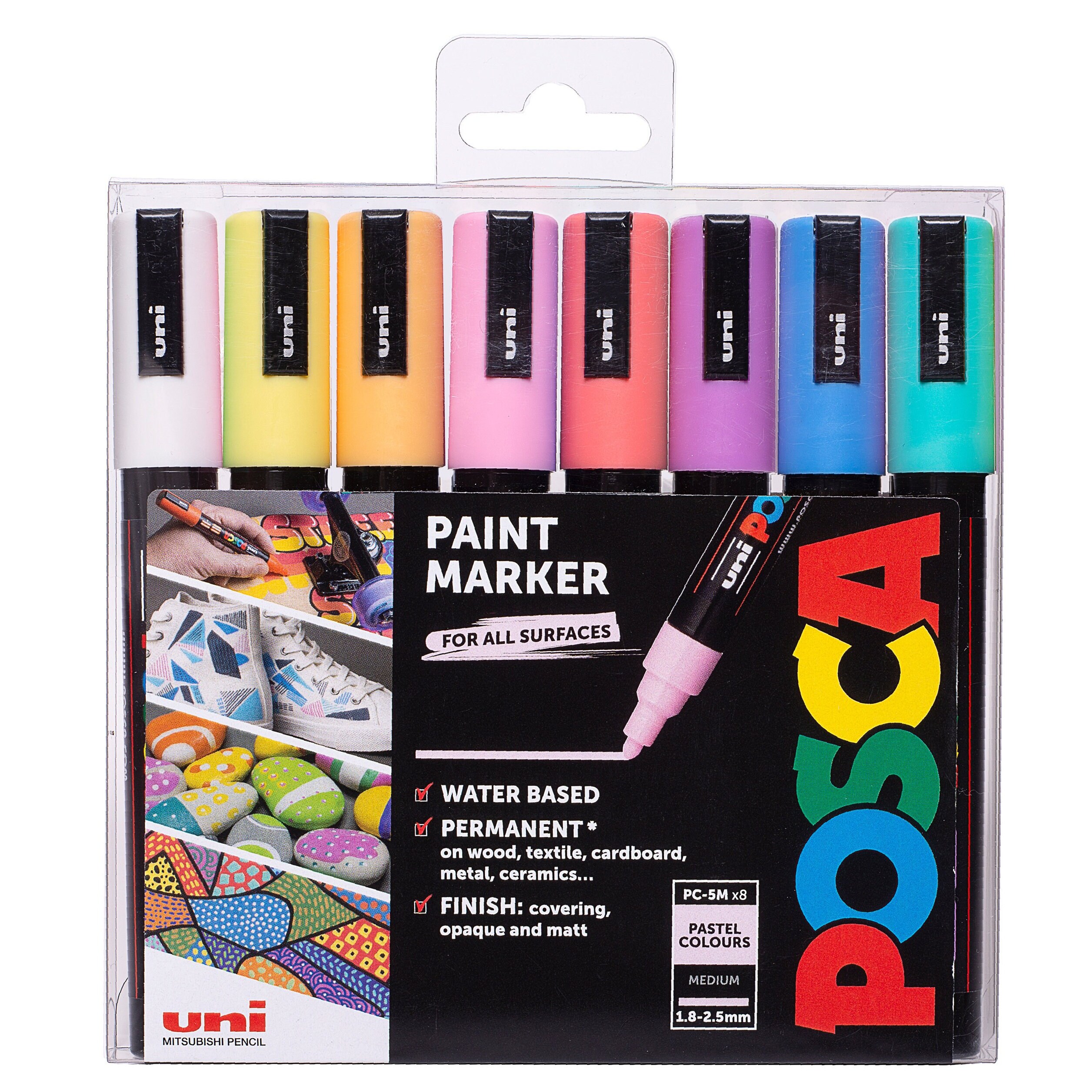 Uni Posca PC-5M Pastel Colours 8 Pack Ink Marker 1.8-2.5mm Multi-use ...