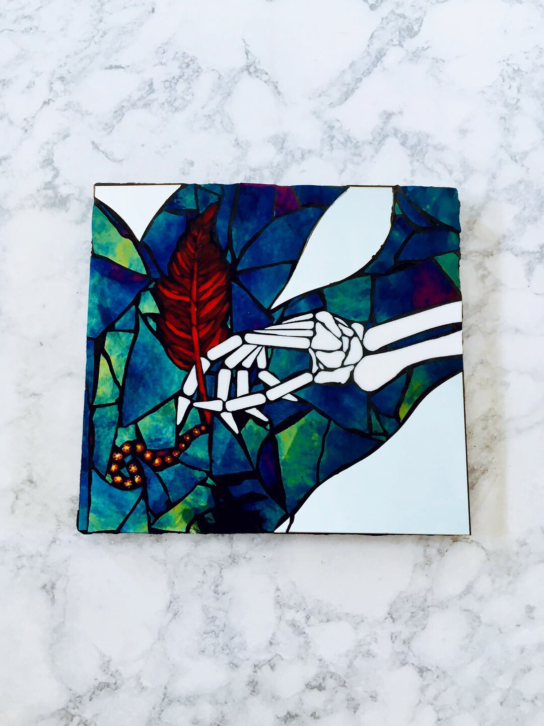 Mosaic Mirror Skeleton Hand Writing With Red Quill blue Background With ...