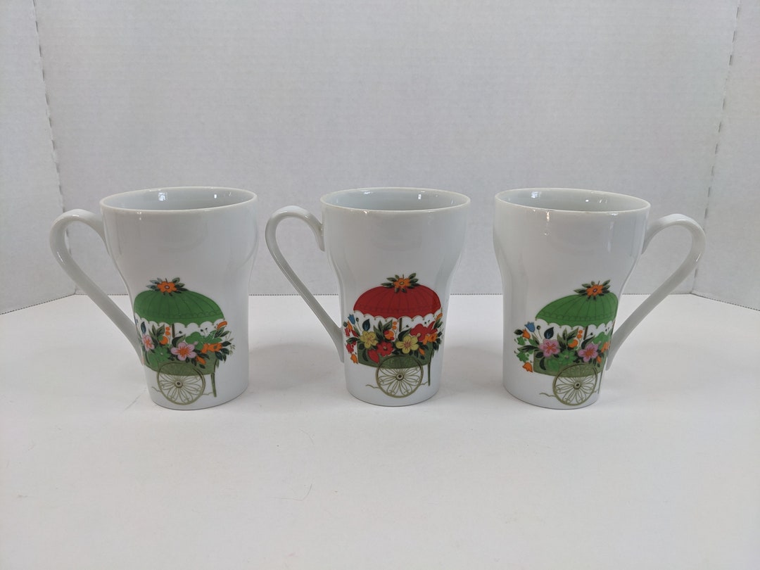 Set of 3 Stylecraft 1960s Mugs Red & Green Flower Carts Umbrella ...