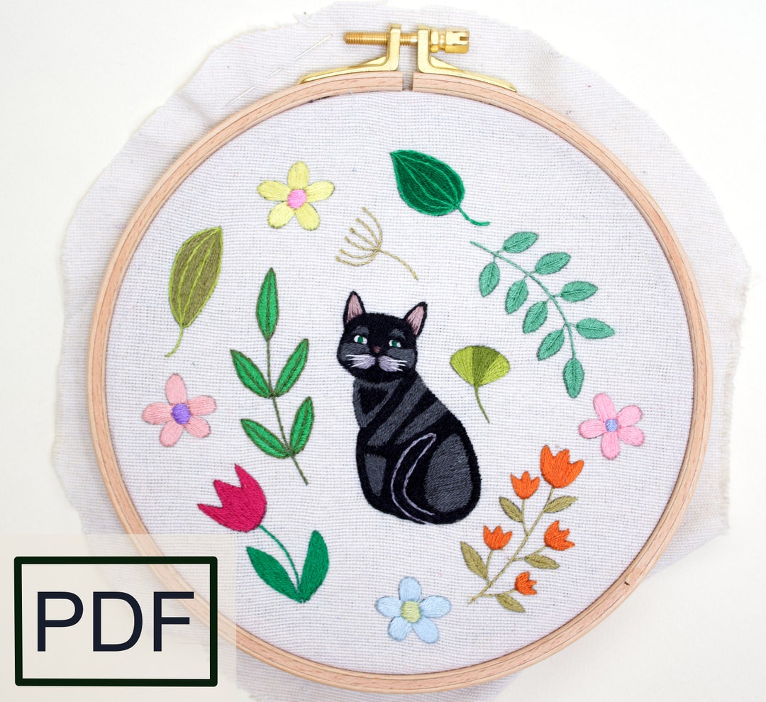 Floral Cat Embroidery Pattern PDF, Flower Pattern, Embroidery Hoop Art ...