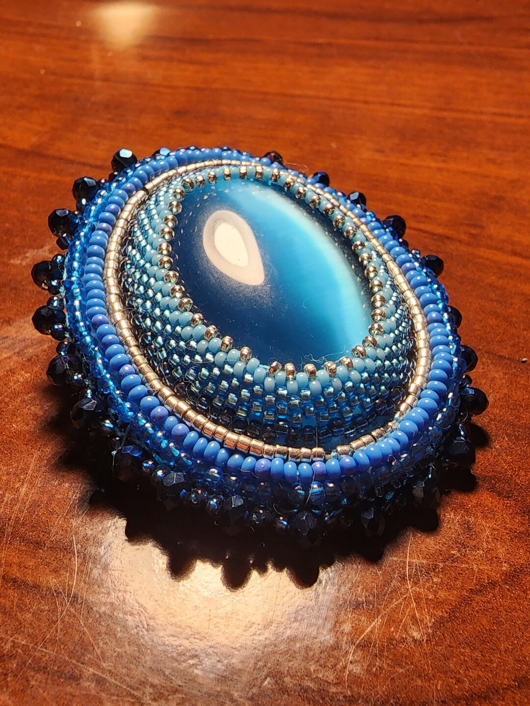 Beaded, Blue Handmade Brouche With Cat Eye. - Etsy