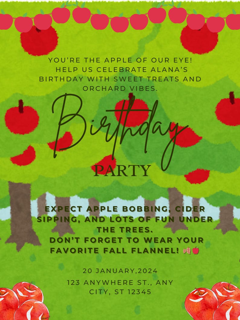 Apple Birthday Invitation | Orchard Party Invite | Editable Kids ...
