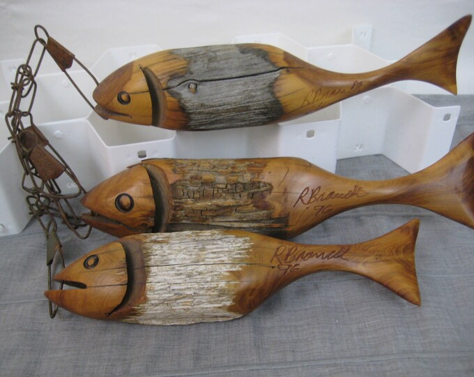 R. Brandt Signed Hand Carved Fish, 3 Wood Fish on Stringer - Etsy
