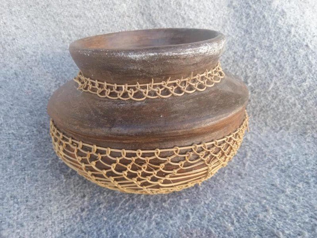 Woven Rattan Netting on Fired Pottery - Very Old Pot, 3-3/4" Tall ...