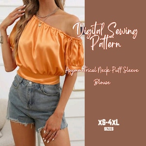 Woman Blouse One Shoulder Sewing Pattern Puff Sleeve Crop Top PDF XS ...