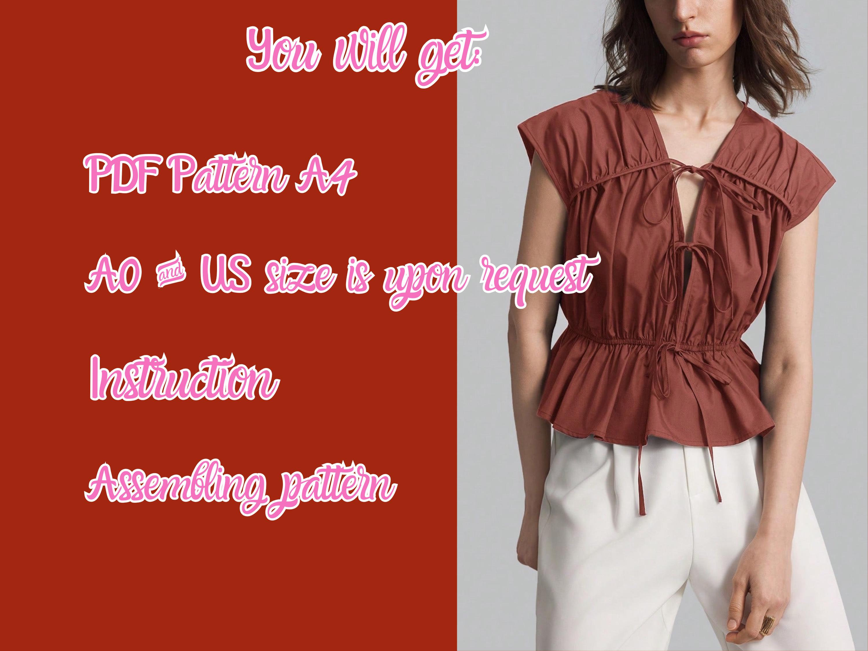 Tie Front Blouse Sewing Pattern: Ruched Flare Hem Top, Casual Wear (A4 ...