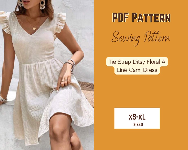 Tie Backless Dress Pattern Ruffle Sleeve Trim A-line PDF Sewing XS-4XL ...
