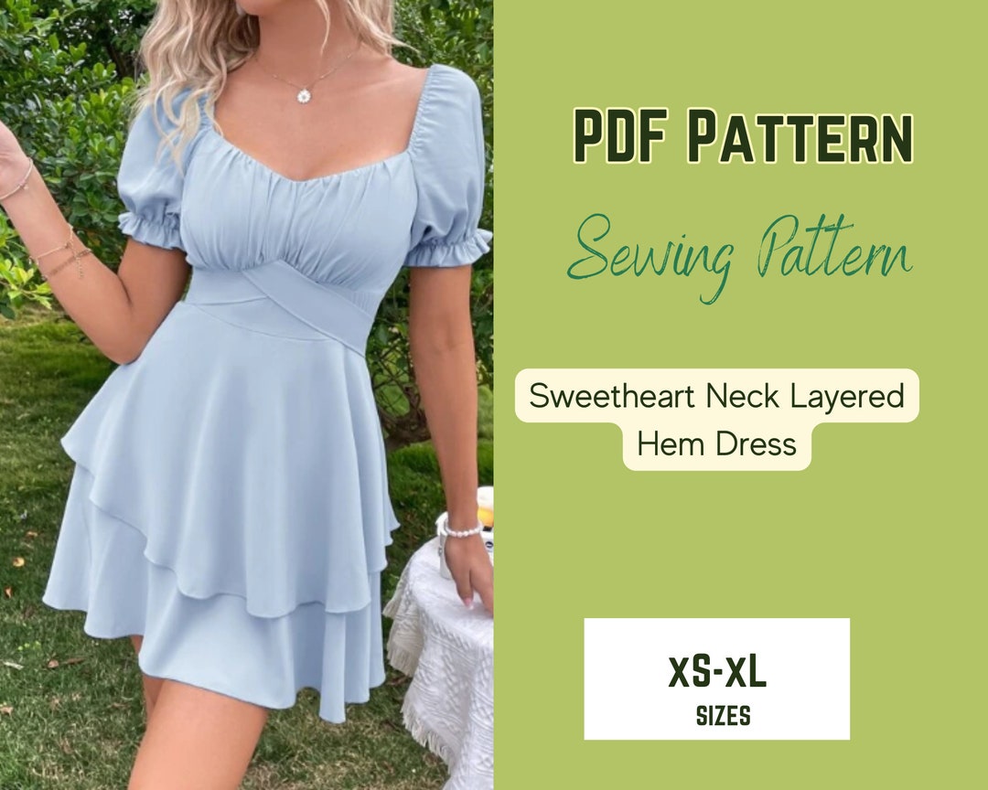 Layered Hem Dress Sewing Pattern Sweetheart Neck Women High Waist PDF ...