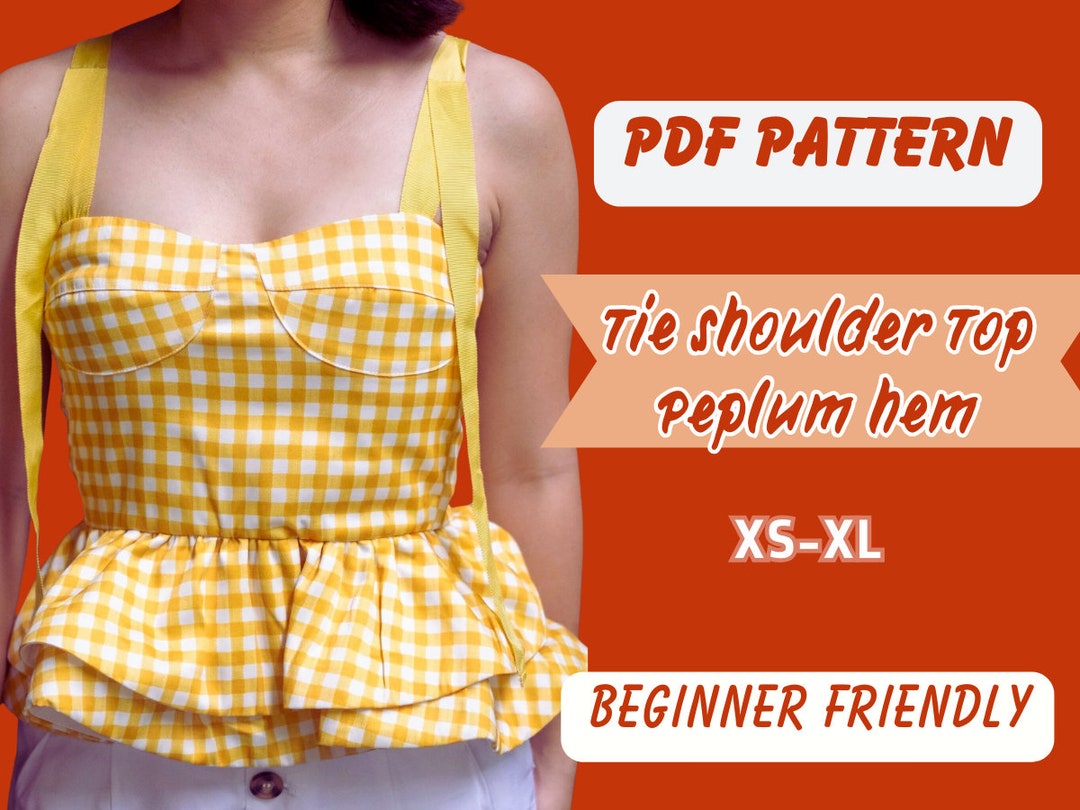 Peplum Blouse Sewing Pattern: Bustier Cami Top, Tie on Shoulder, Back ...