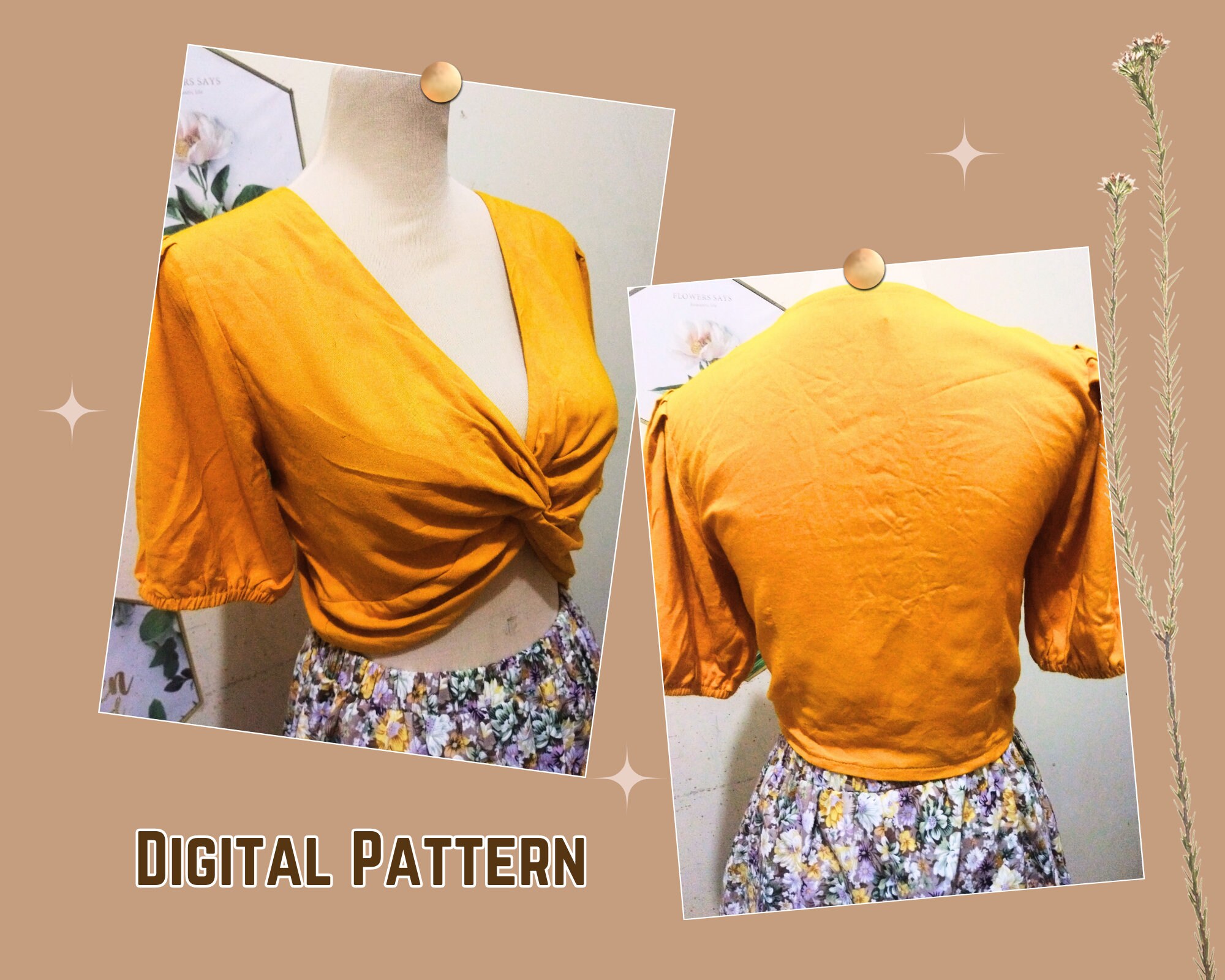Twist Front Top Sewing Pattern PDF XS-XXXL, Diy Puff Sleeve Blouse ...