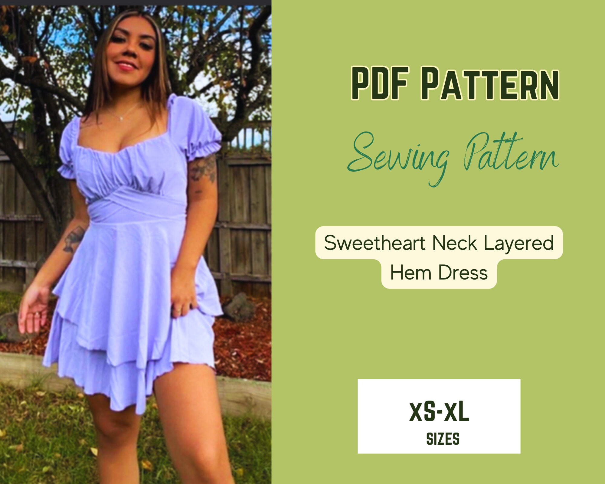 Layered Hem Dress Sewing Pattern Sweetheart Neck Women High Waist PDF ...