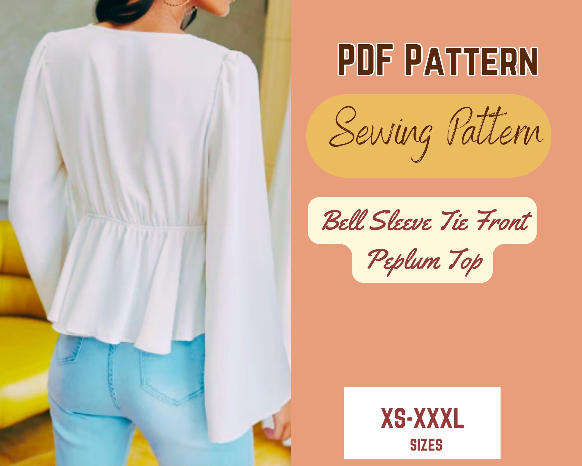 Bell Sleeve Top Sewing Pattern, Split Thigh Pants, High Waist, PDF ...