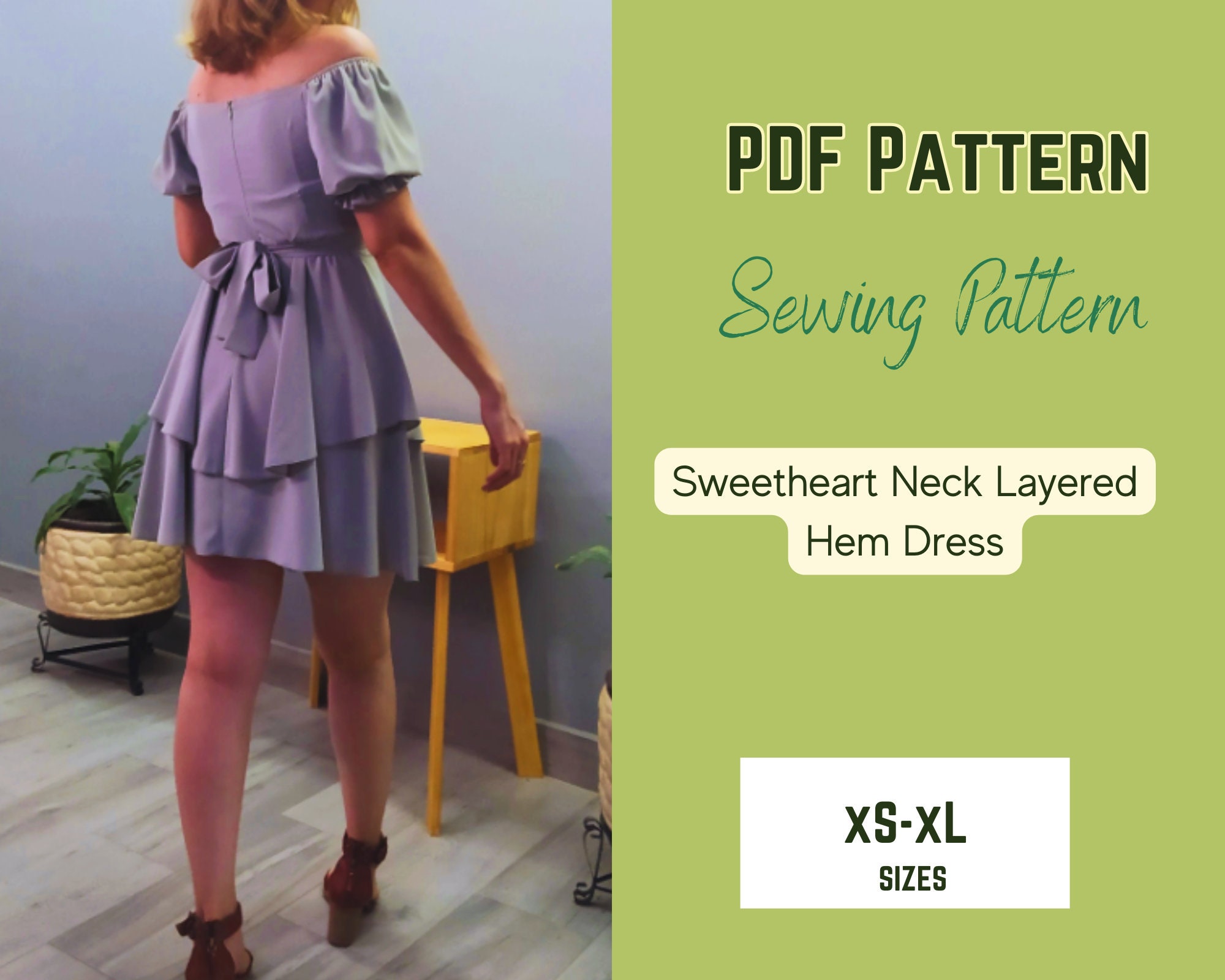 Layered Hem Dress Sewing Pattern Sweetheart Neck Women High Waist PDF ...