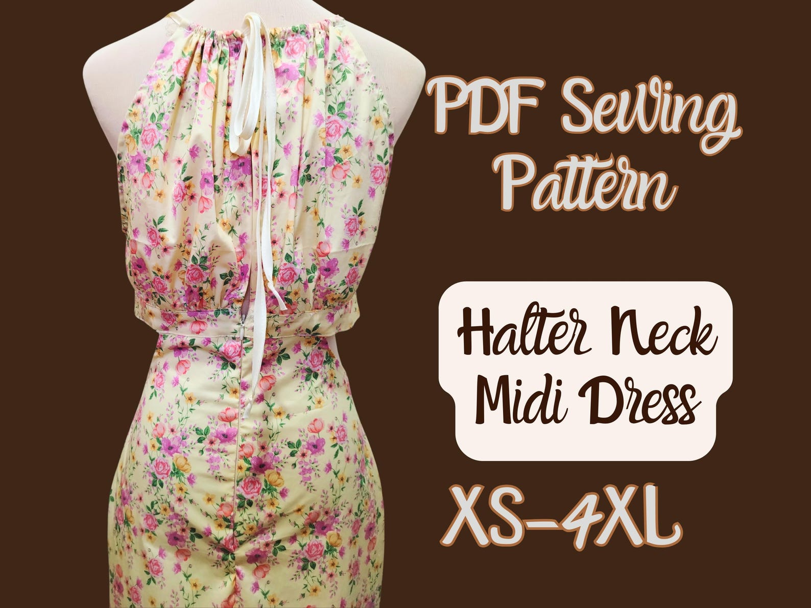 Halter Neck Midi Dress Sewing Pattern: A-line, Hollow Side, Beach Dress ...