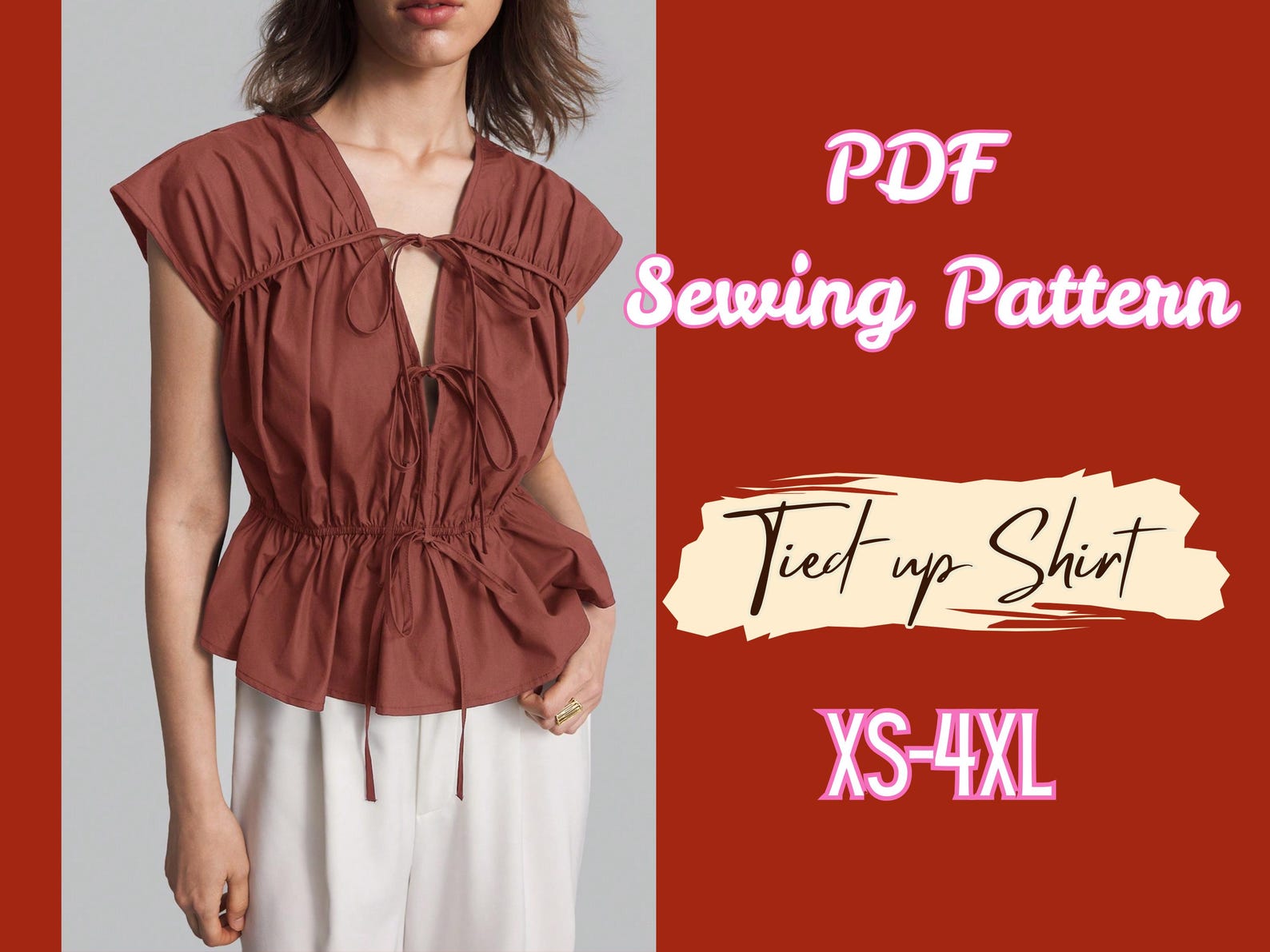 Tie Front Blouse Sewing Pattern: Ruched Flare Hem Top, Casual Wear (A4 ...
