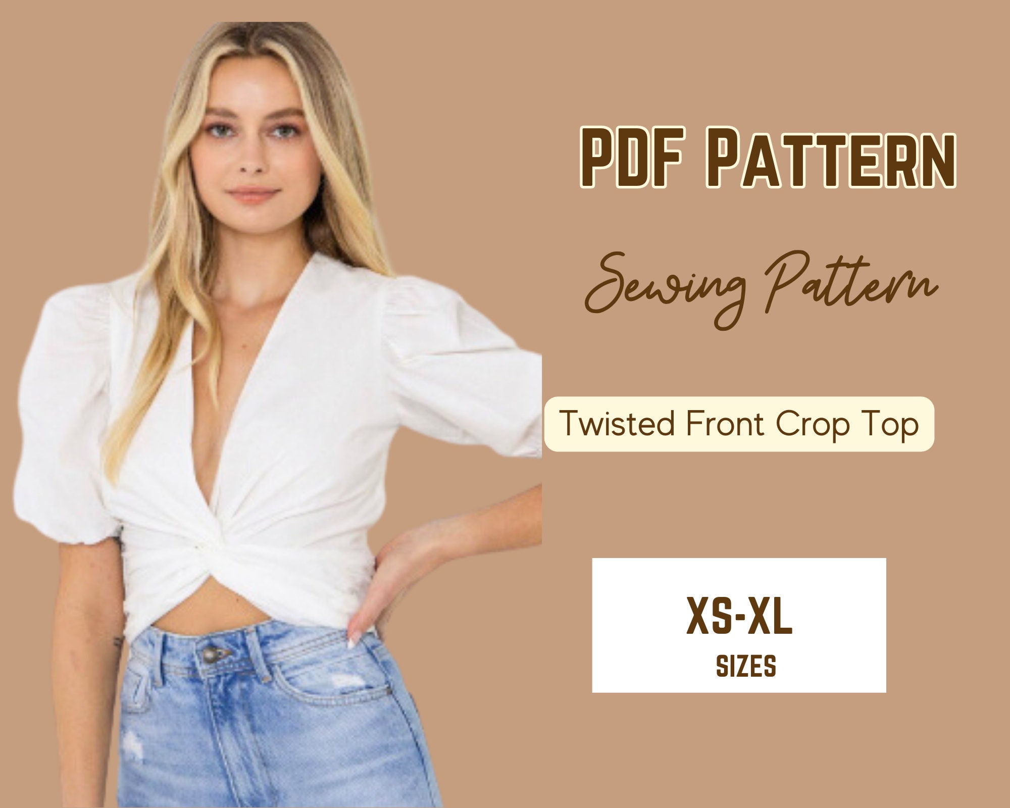Twist Front Top Sewing Pattern PDF XS-XXXL, Diy Puff Sleeve Blouse ...