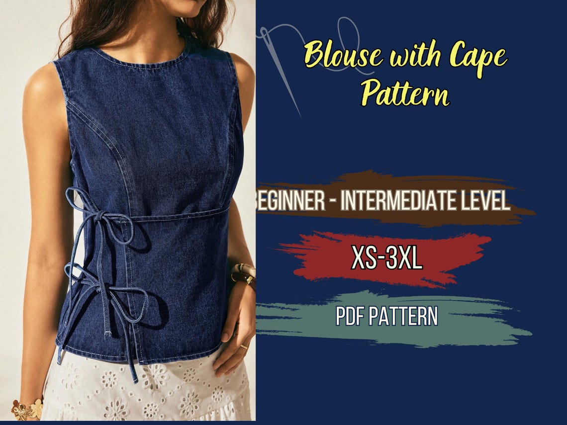 Side Tie Blouse Sewing Pattern: Sleeveless Top, Denim Fabric, DIY XS ...