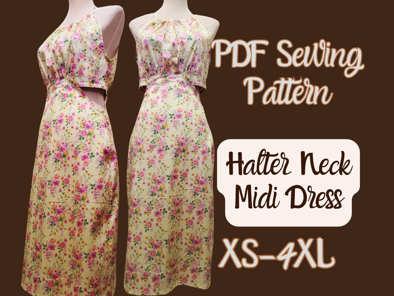 Halter Neck Midi Dress Sewing Pattern: A-line, Hollow Side, Beach Dress ...