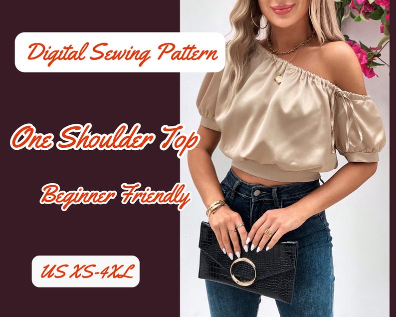 Woman Blouse One Shoulder Sewing Pattern Puff Sleeve Crop Top PDF XS ...