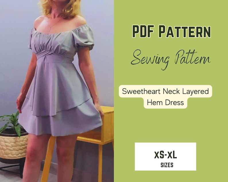 Layered Hem Dress Sewing Pattern Sweetheart Neck Women High Waist PDF ...