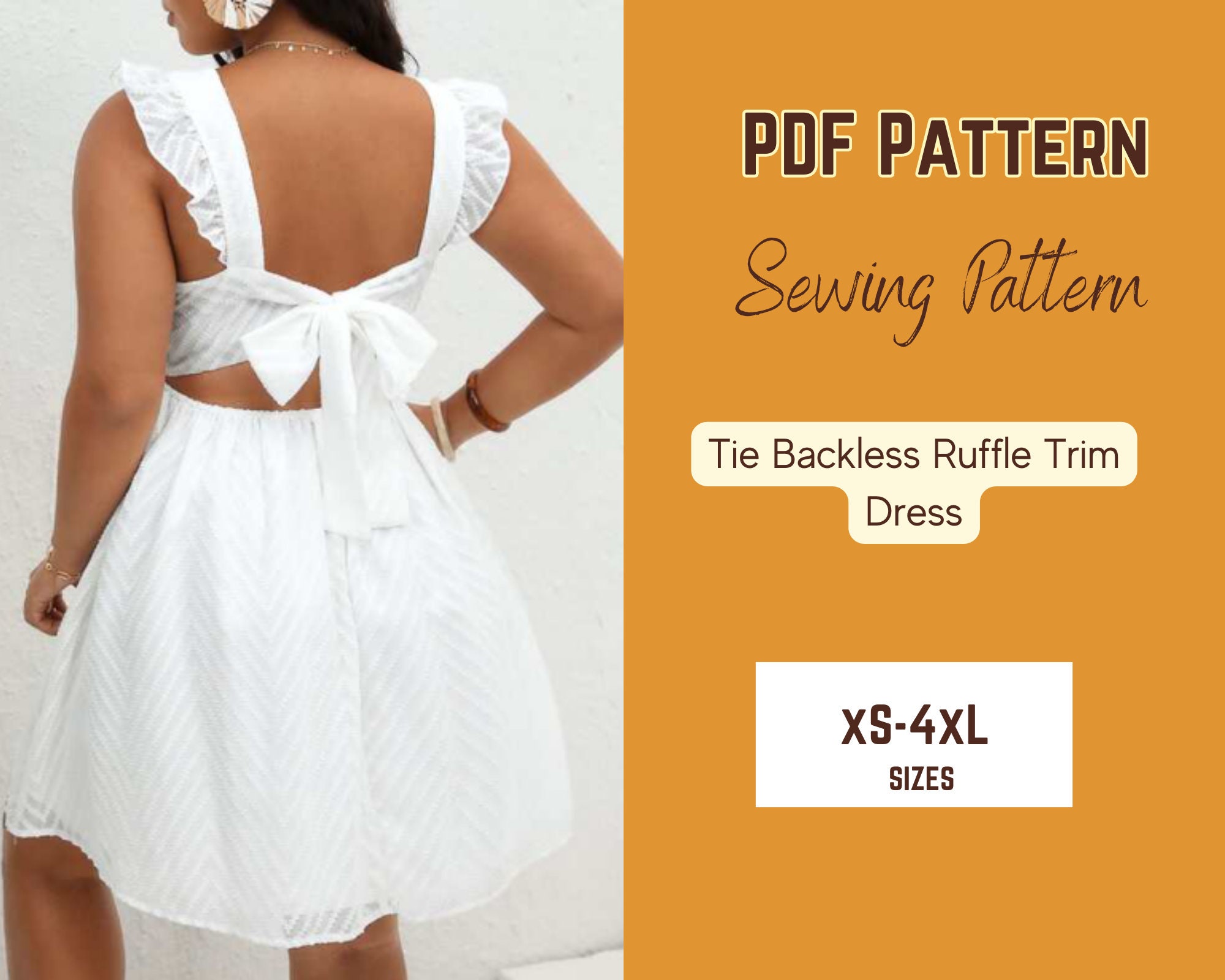 Tie Backless Dress Pattern Ruffle Sleeve Trim A-line PDF Sewing XS-4XL ...