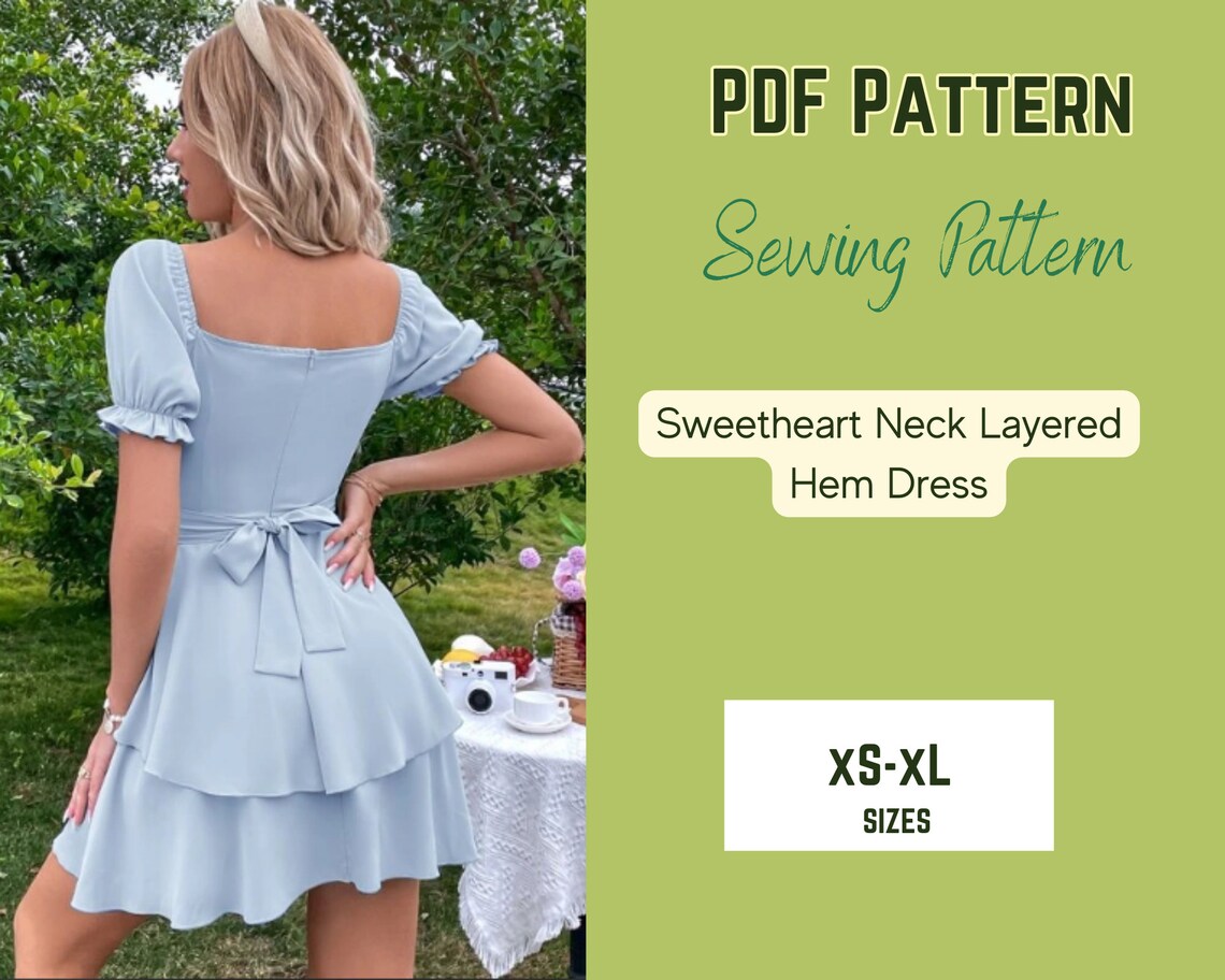 Layered Hem Dress Sewing Pattern Sweetheart Neck Women High Waist PDF ...
