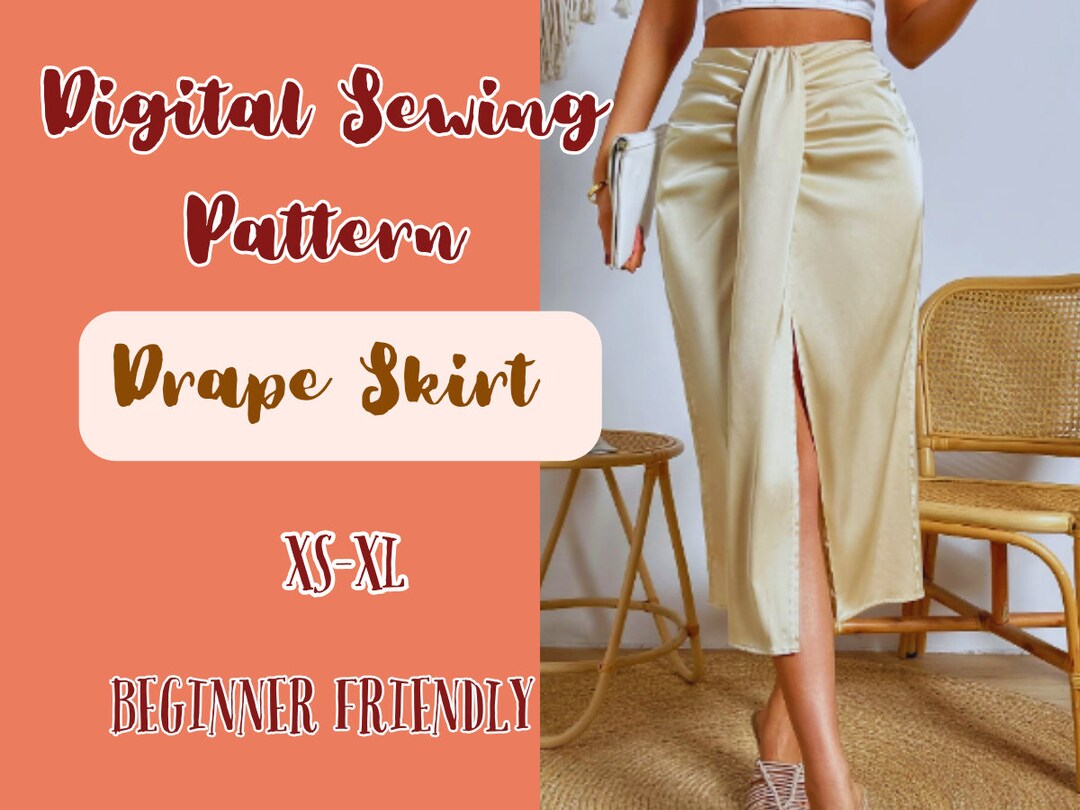 Drape Front Skirt Sewing Pattern: Split Thigh, Ruched Satin (PDF ...
