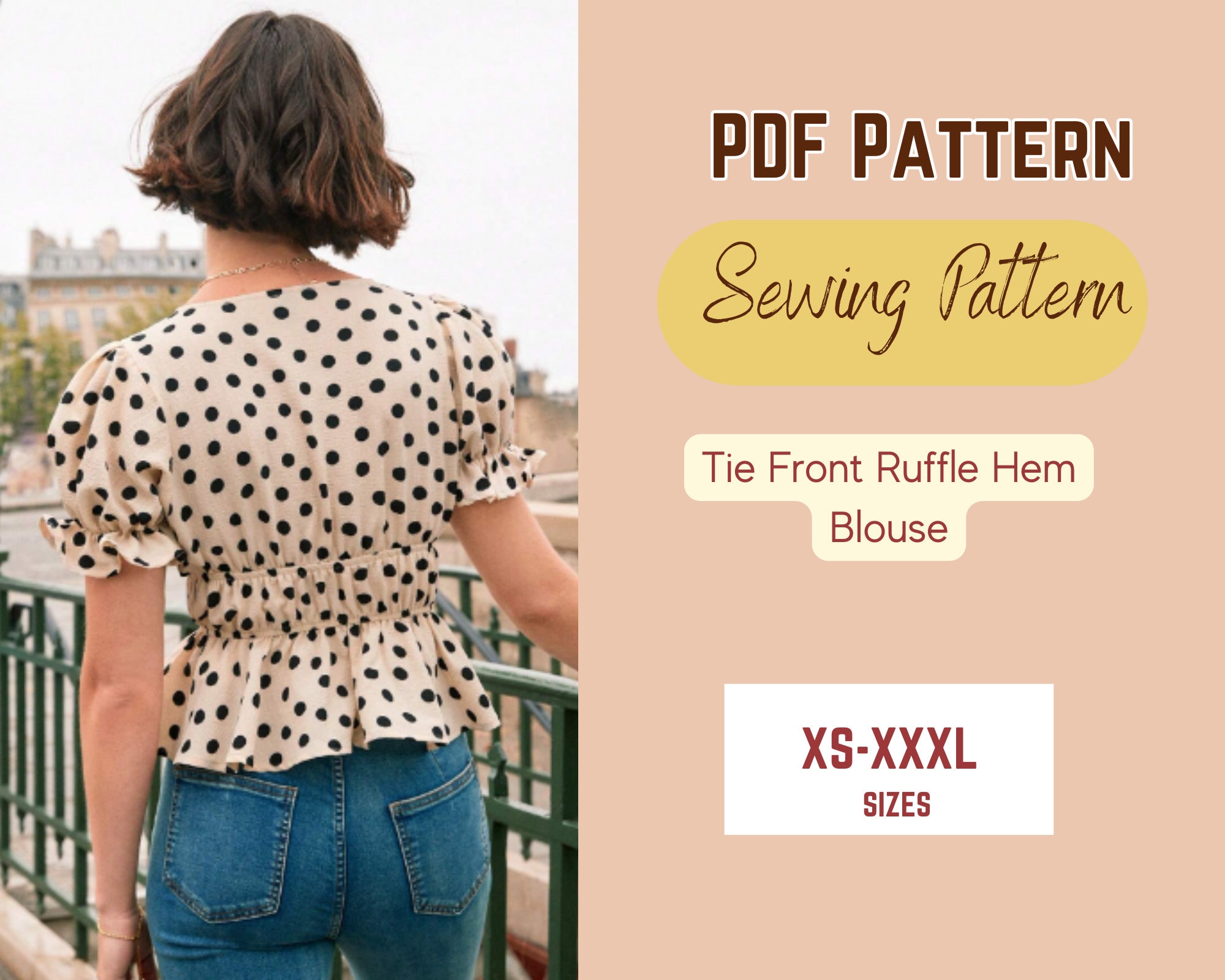 Tie Front Blouse Sewing Pattern PDF XS-XXXL , Woman Teen Top Flounce ...