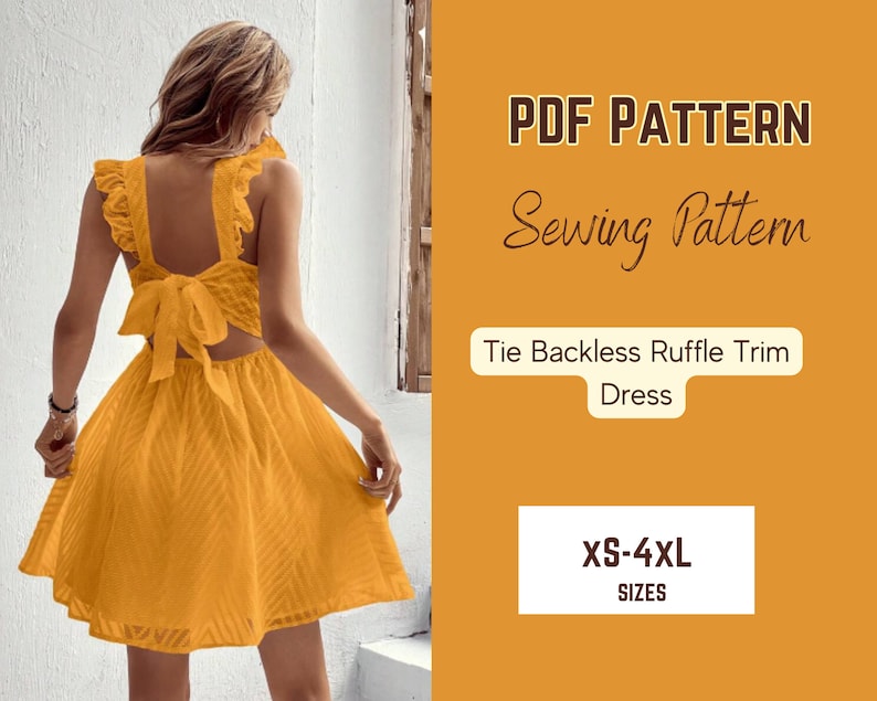 Tie Backless Dress Pattern Ruffle Sleeve Trim A-line PDF Sewing XS-4XL ...