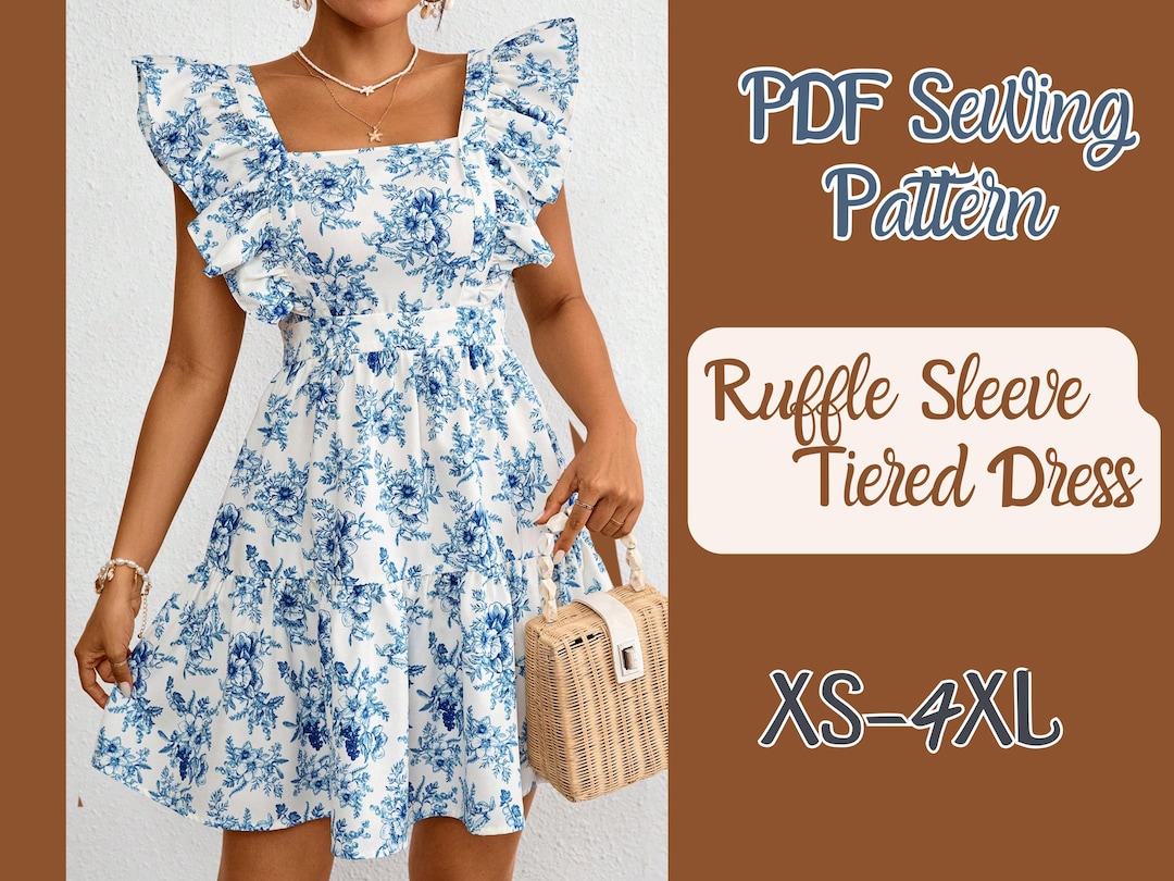 Ruffle Sleeve Dress Pattern, PDF, XS-4XL, Tier Skirt , Plus Size Dress Pattern, Easy to Sew ...
