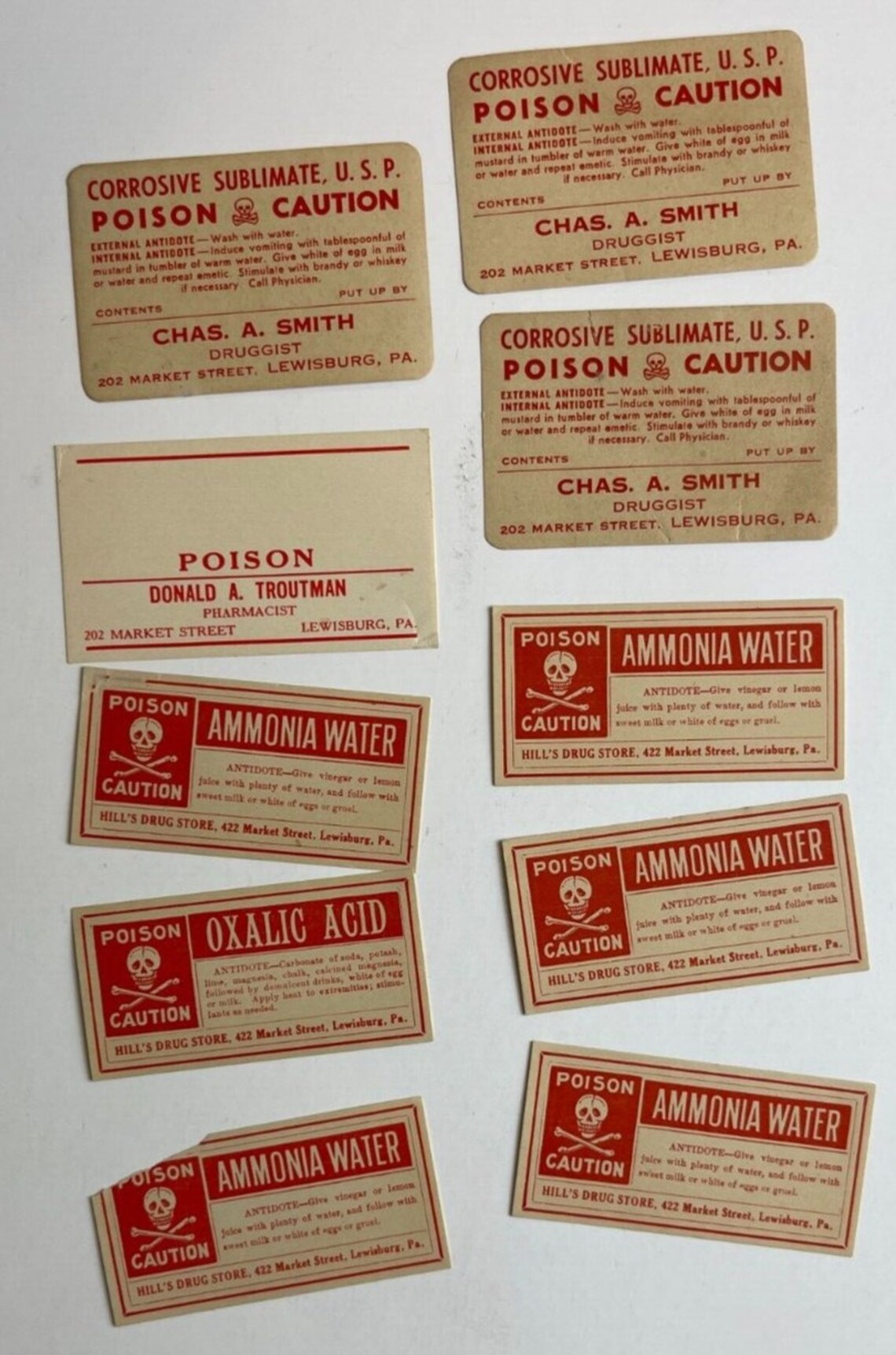 10 Pc Set Poison Ammonia Labels Donald Troutman Chas Smith Druggist ...