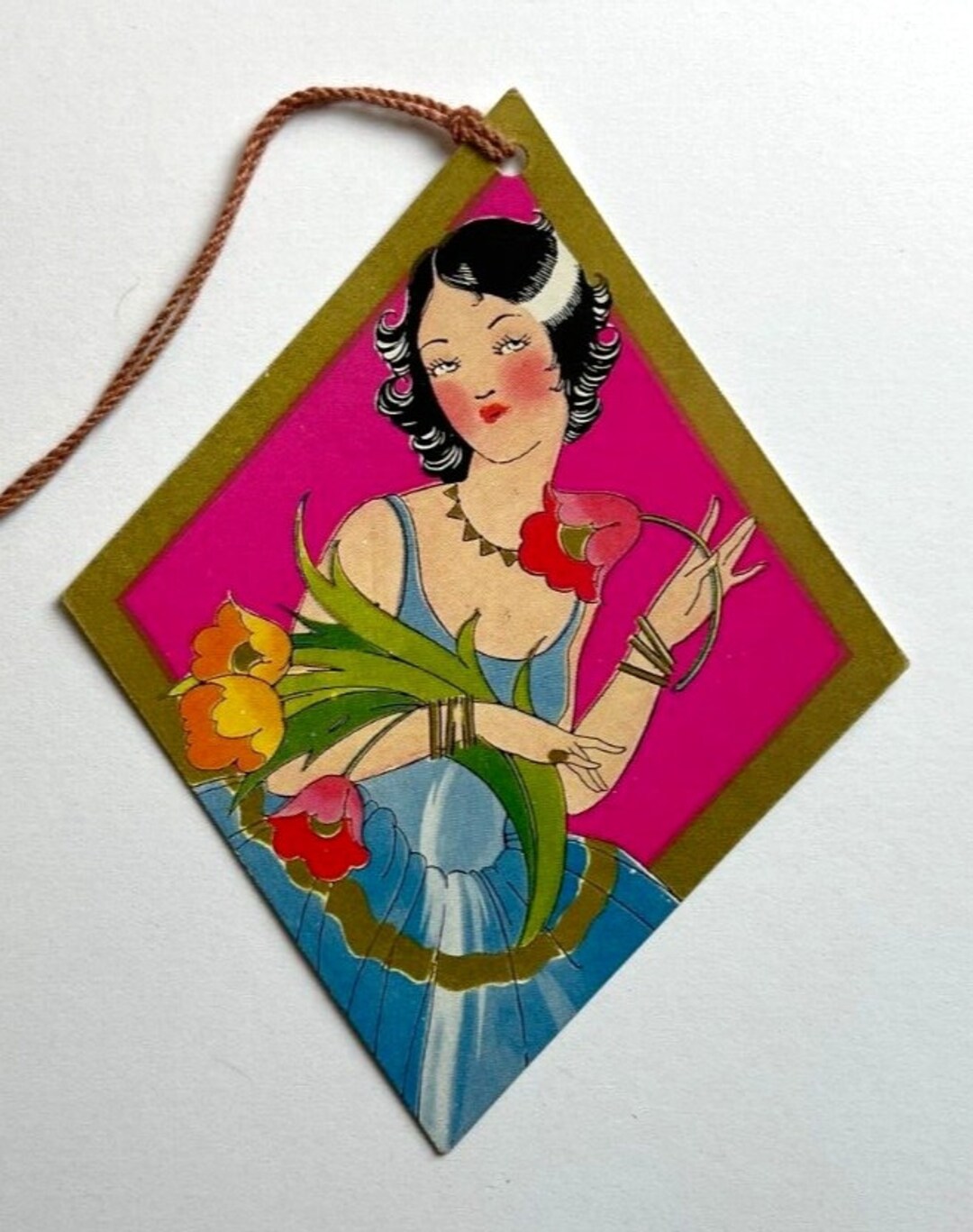 Vintage Bridge Tally Card Lady W/ Flowers Pink Gold 4.5 X 4 Inches - Etsy