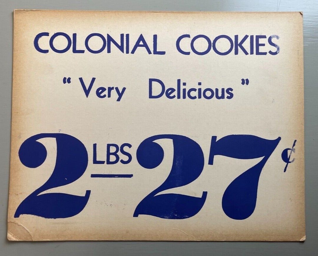 Vintage Colonial Cookies Cardboard Sign 2lbs for 27 Cent 13.75 X 11 ...