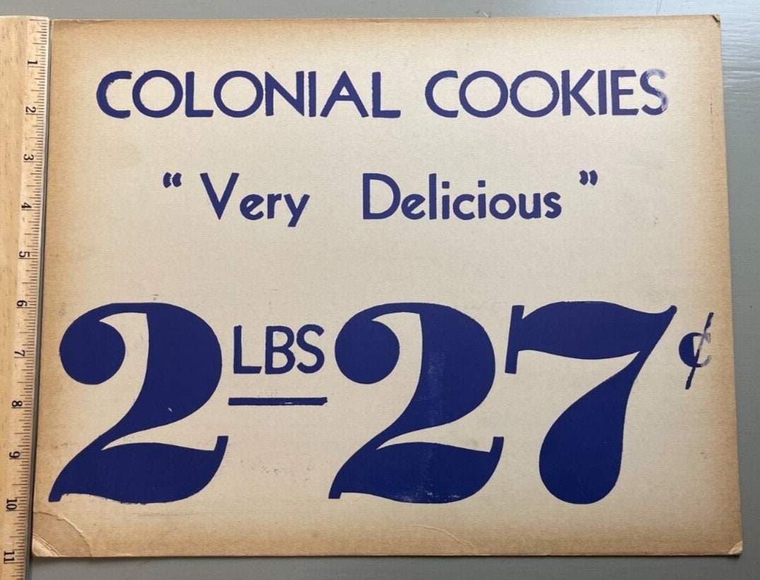 Vintage Colonial Cookies Cardboard Sign 2lbs for 27 Cent 13.75 X 11 ...