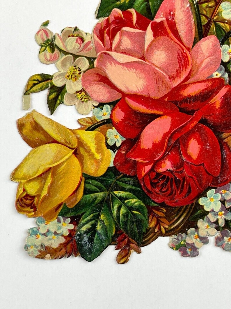 Large Vintage Victorian Die Cut Cornucopia W/ Red & Pink Roses 8 X 6.25 ...
