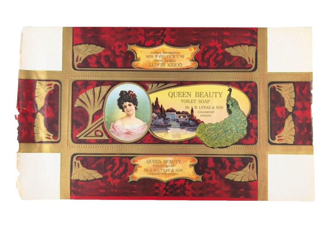 C1910 Queen Beauty Toilet Soap Label Victorian Lady Peacock Bird ...