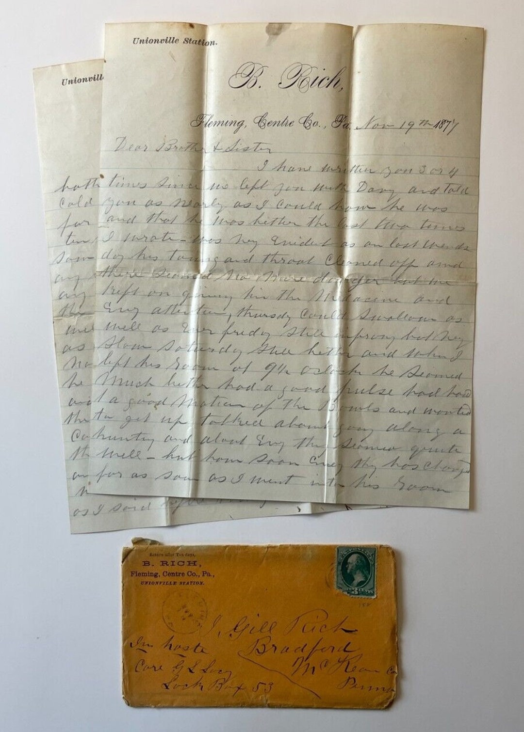1877 2pg Letter W/ Envelope Unionville Station Mckean Co Bradford ...