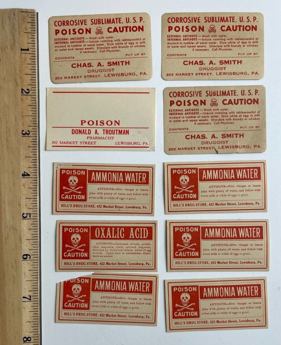 10 Pc Set Poison Ammonia Labels Donald Troutman Chas Smith Druggist ...