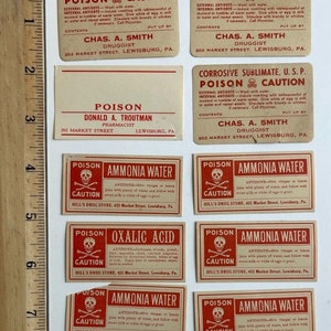 10 Pc Set Poison Ammonia Labels Donald Troutman Chas Smith Druggist ...