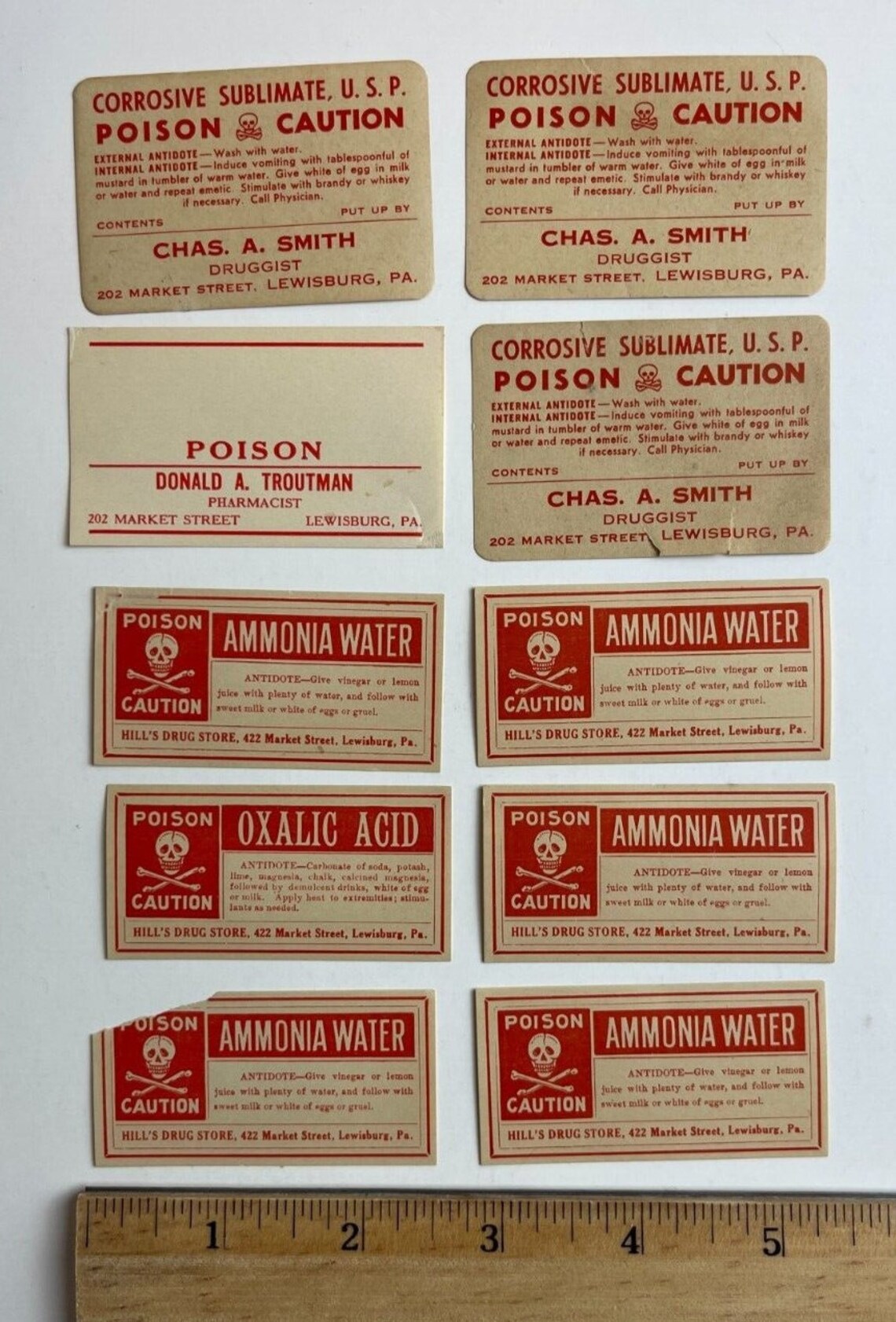 10 Pc Set Poison Ammonia Labels Donald Troutman Chas Smith Druggist ...