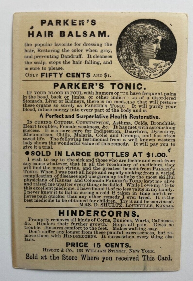 Antique Victorian Medical Trade Card Parker's Tonic Hair Balsam ...