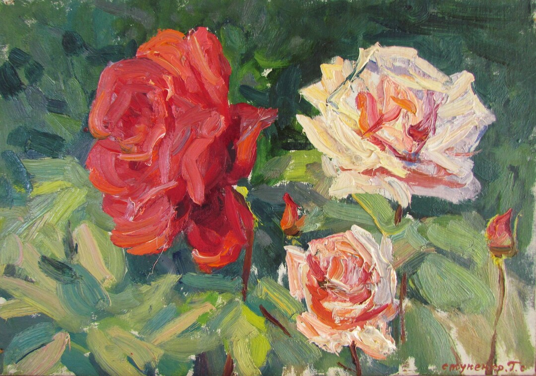 Roses Oil Painting, Red Roses Art, Red Flowers, Rose Buds Painting ...