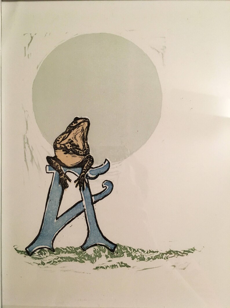 Original, Limited Edition, Wood Block Print on Paper of Frog on Letter ...